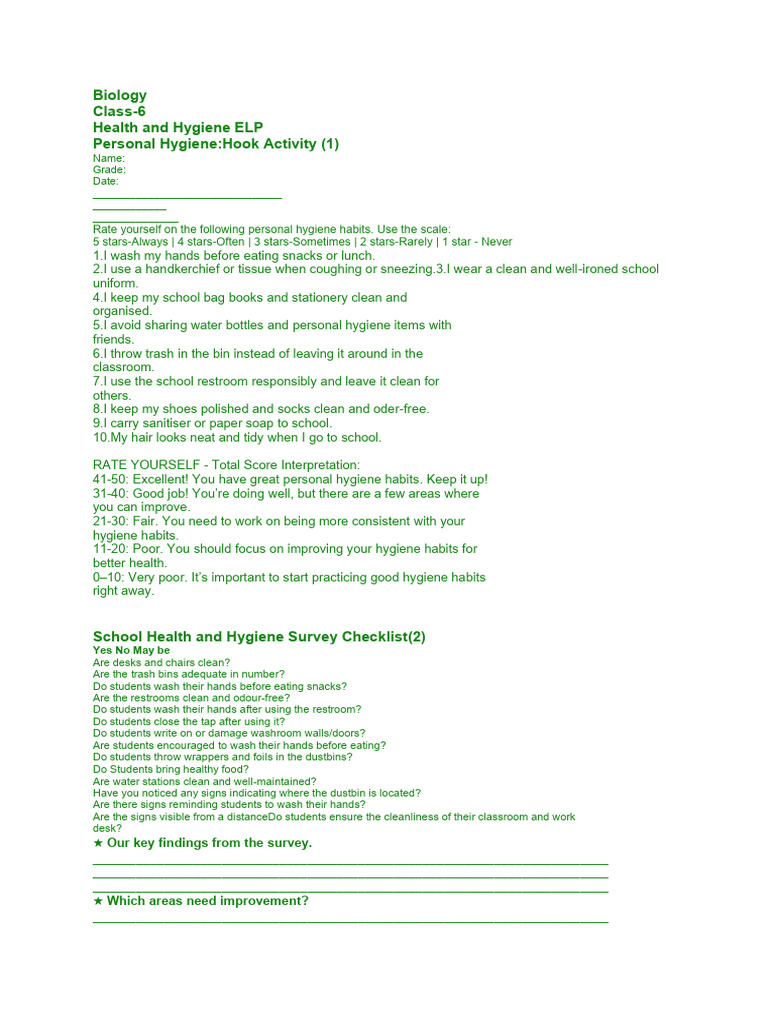 Class 6 Personal Hygiene Self-Assessment | PDF | Hygiene | Hand Washing
