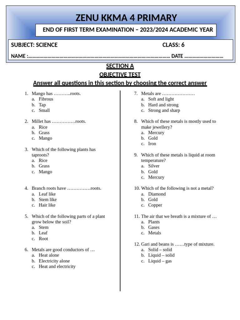 2023/2024 Primary Exam Questions | PDF | Metals