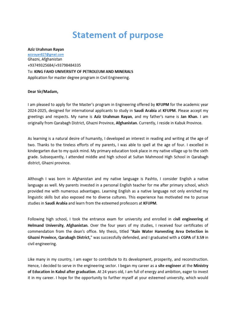 Aziz General Statement of Purpose | PDF | Afghanistan