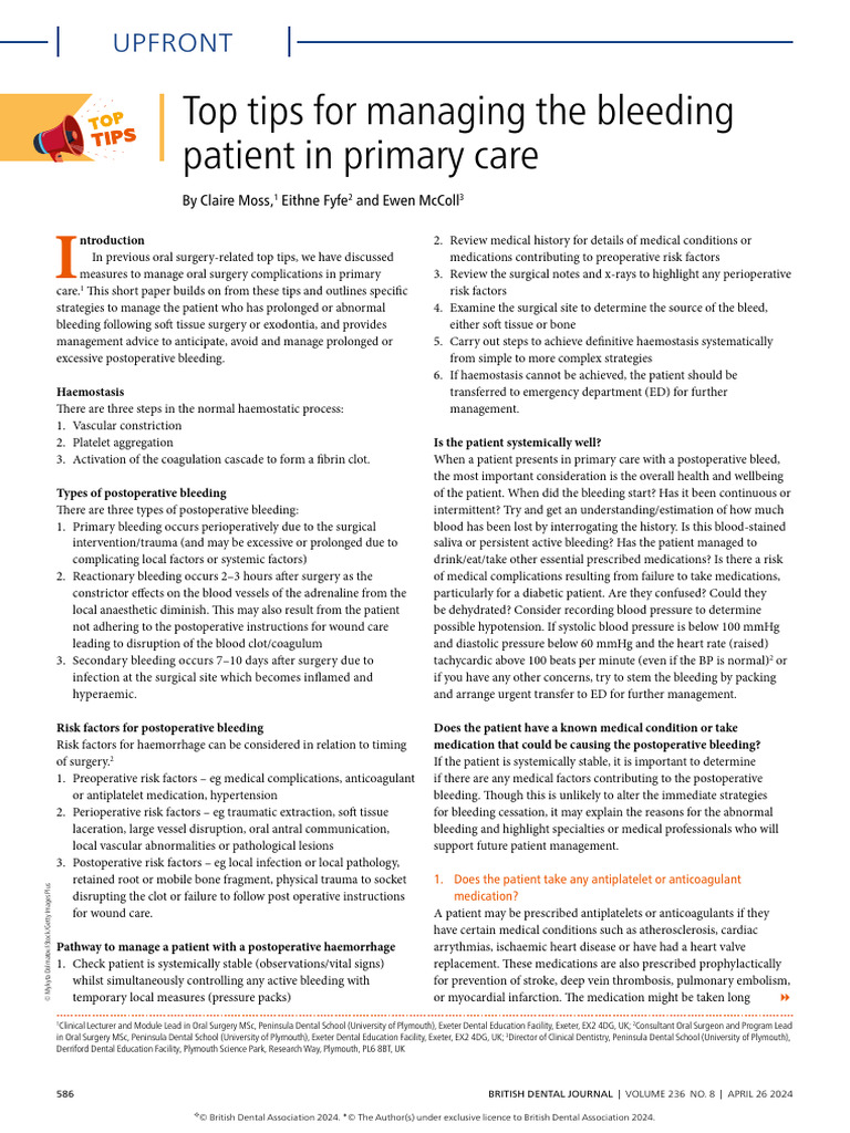 BDJ Tips - Managing Bleeding in Primary Care | PDF | Bleeding | Coagulation