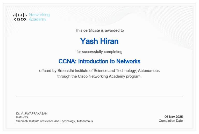 CCNA Introduction to Networks Certificate 23311a04bz Ece Sreenidhi Edu ...