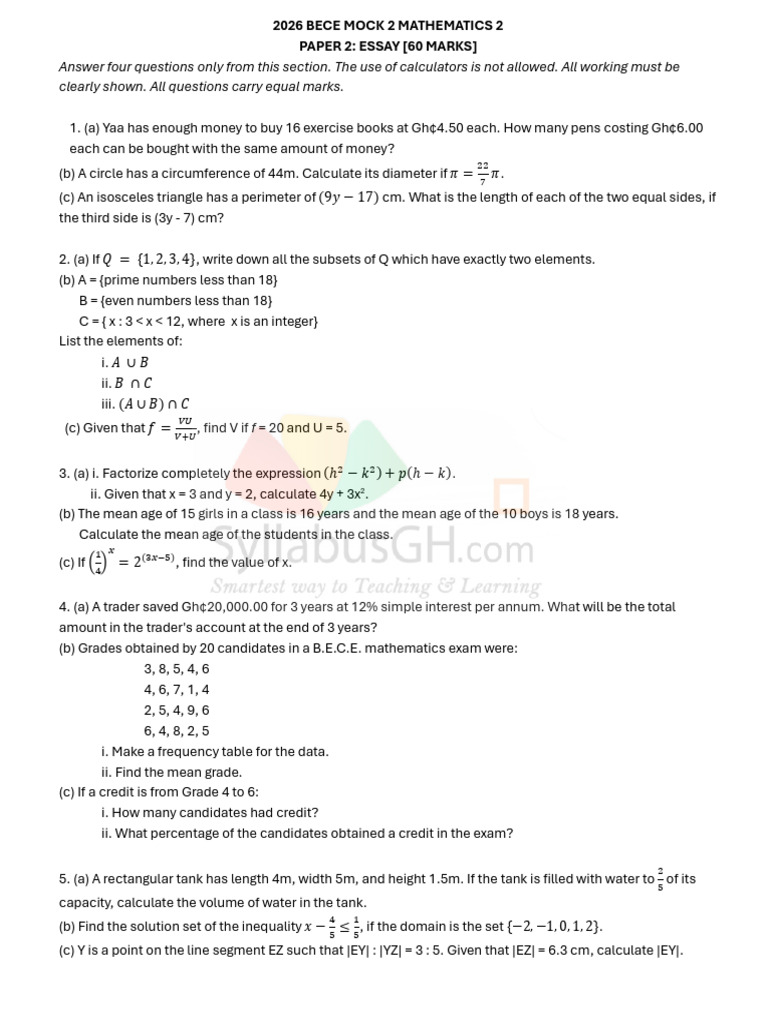 2026 BECE Mock Mathematics Paper 2 | PDF | Geometry | Elementary ...