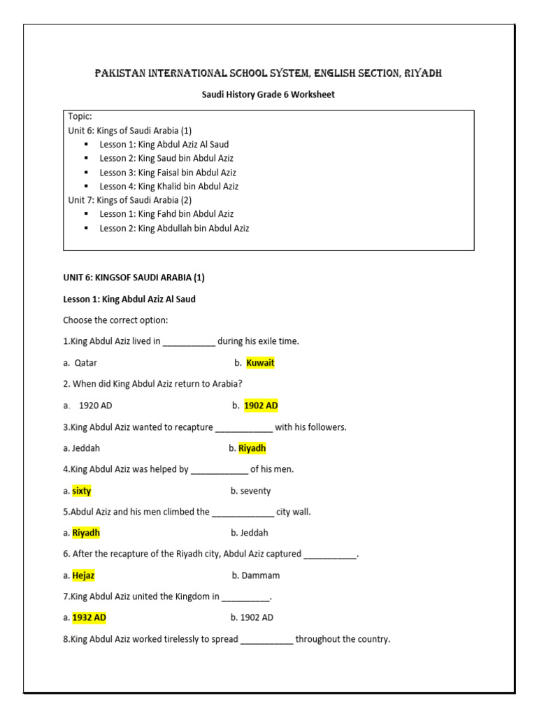 Saudi Arabia Kings Grade 6 Worksheet | PDF | Abdullah Of Saudi Arabia ...