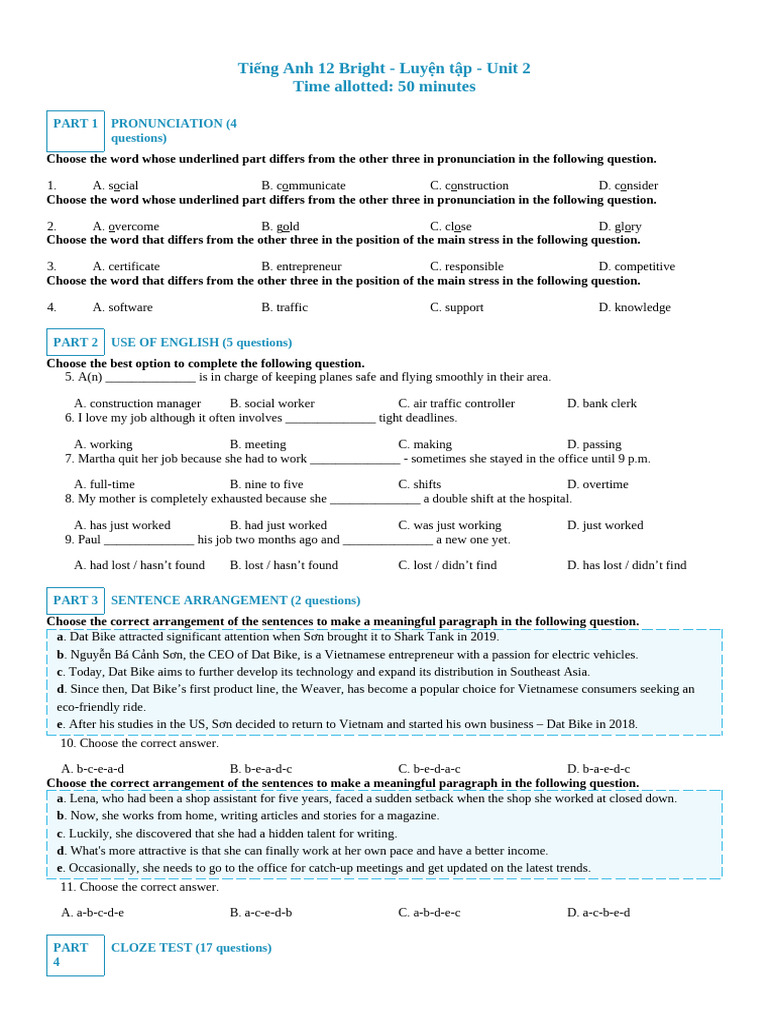 Tiếng Anh 12 Bright Luyện Tập Unit 2 2 | PDF