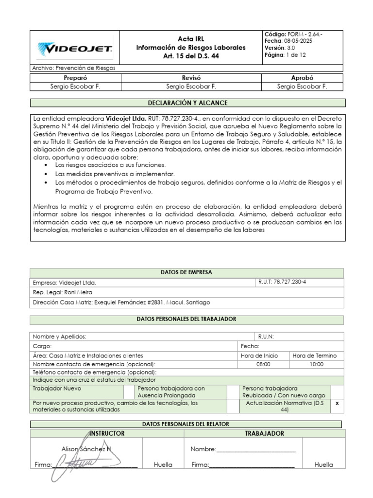 FORM - 2.64.- Acta IRL Información de los Riesgos Laborales | PDF ...