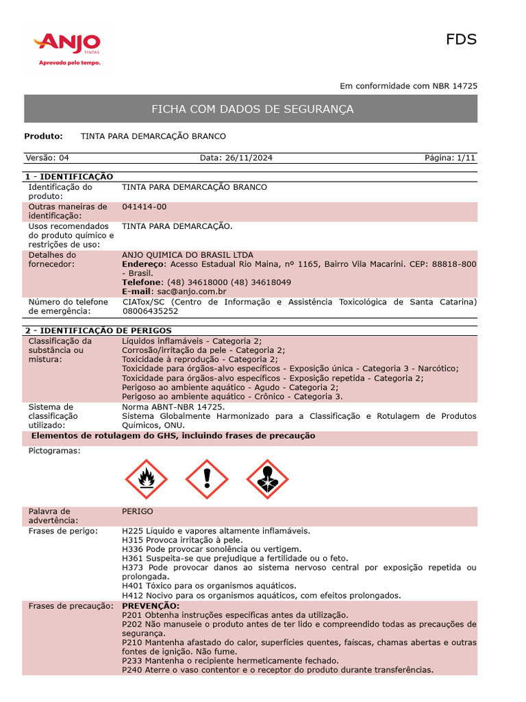 Fds - Tinta Para Demarcação Anjo Branca | PDF | Ácido nítrico | Ácido ...