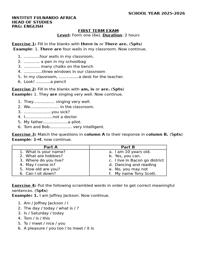 Form One English First Term Exam 2025-26 | PDF