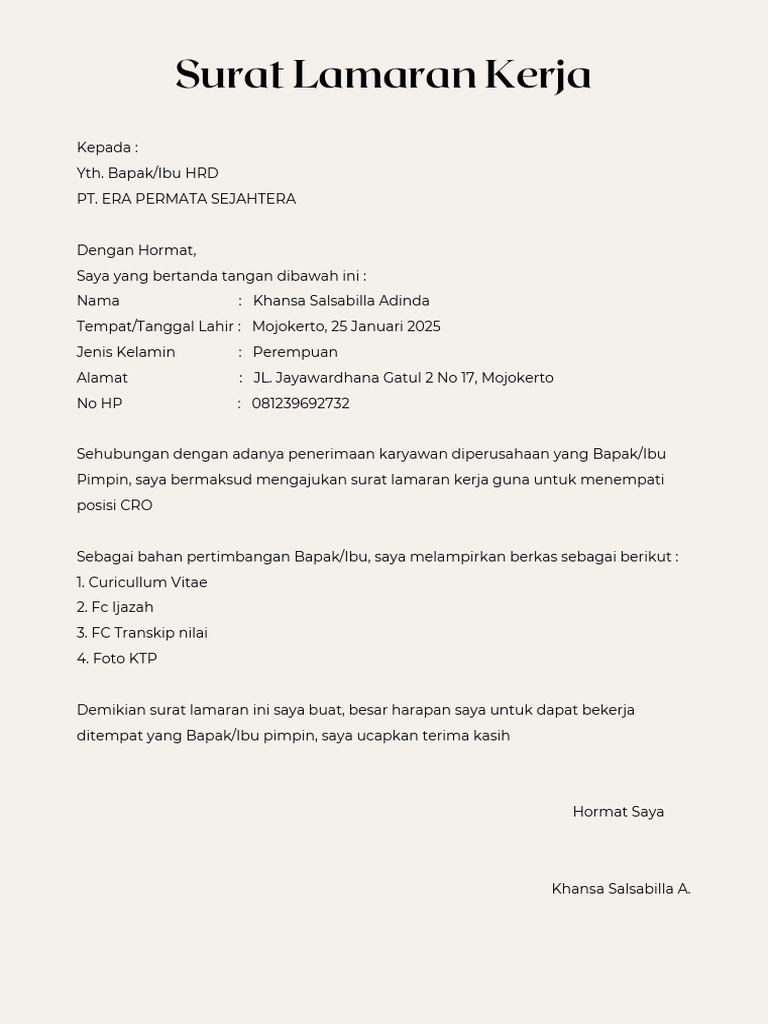 Surat Lamaran Khansa - Lamaran | PDF