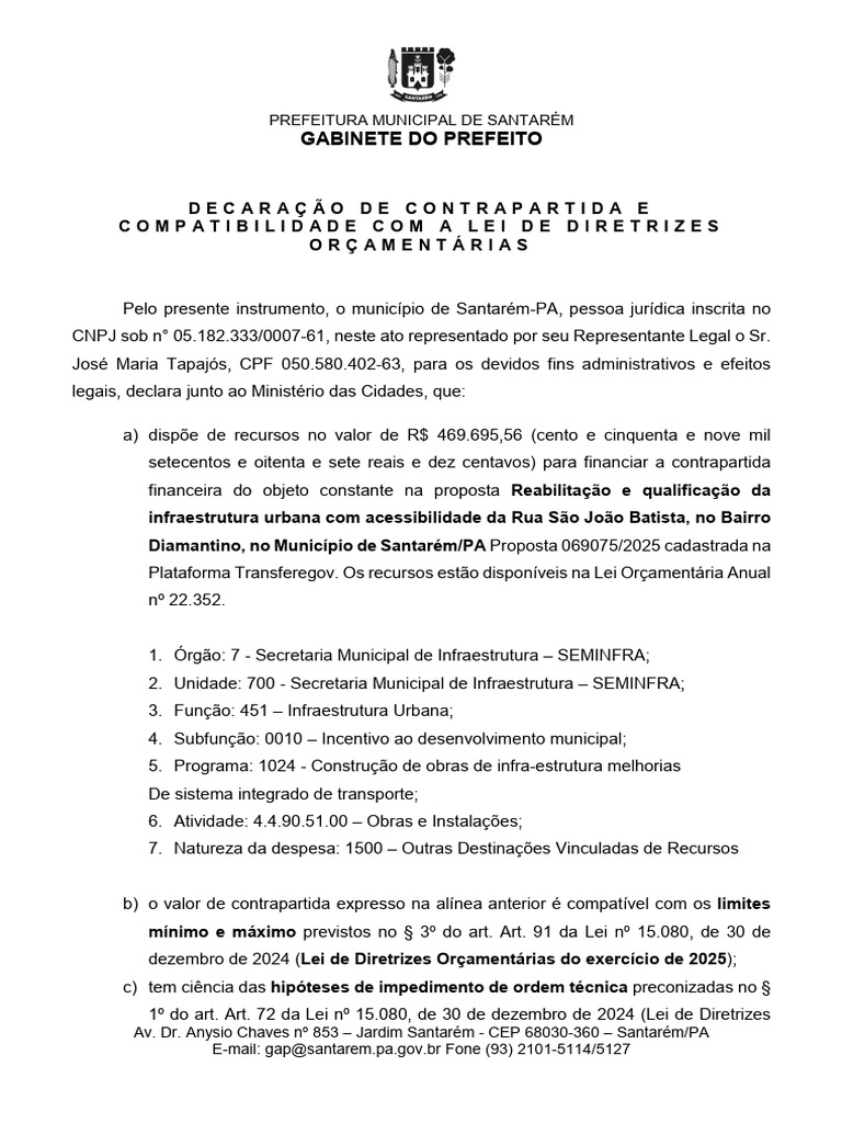 Declaração de Contrapartida Santarém PA | PDF