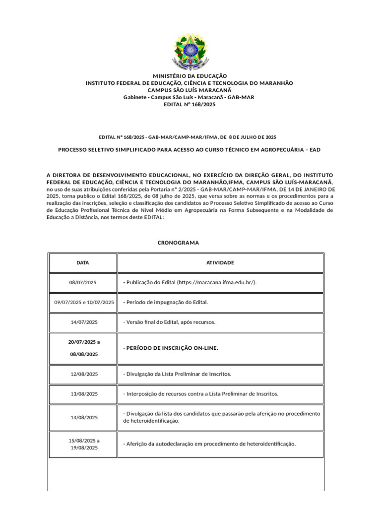001 Programa Institucional MAR Edital n 168 2025 | PDF | Educação à ...