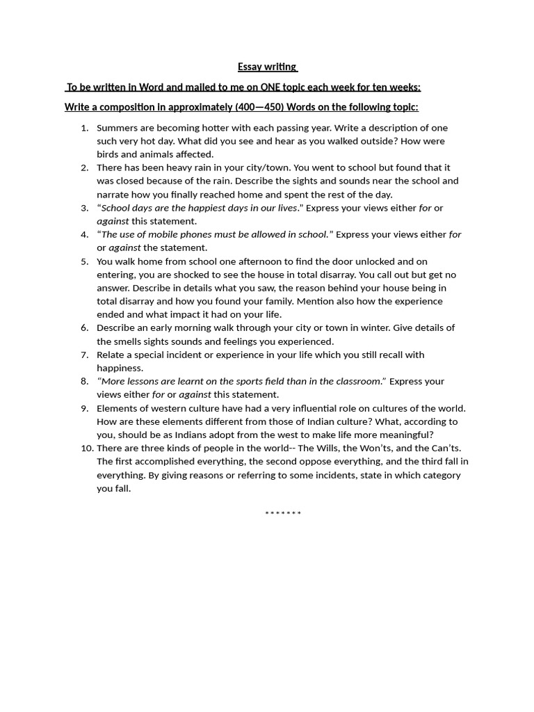 Weekly Essay Topics for Students | PDF