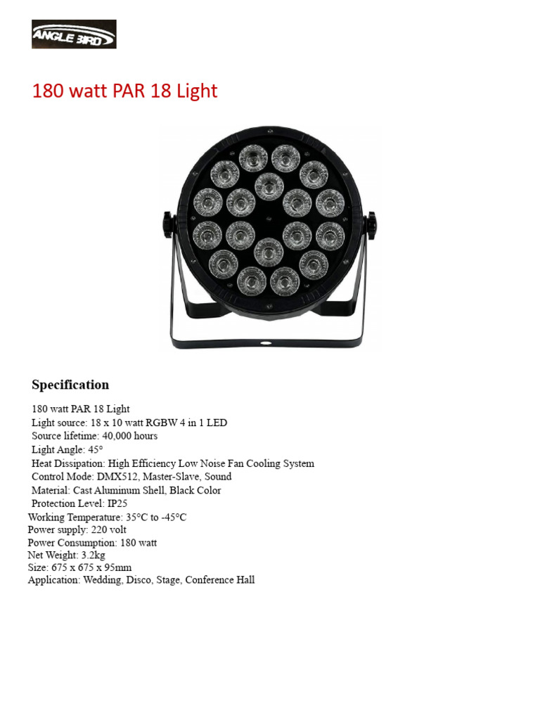180W RGBW PAR 18 LED Light Specs | PDF