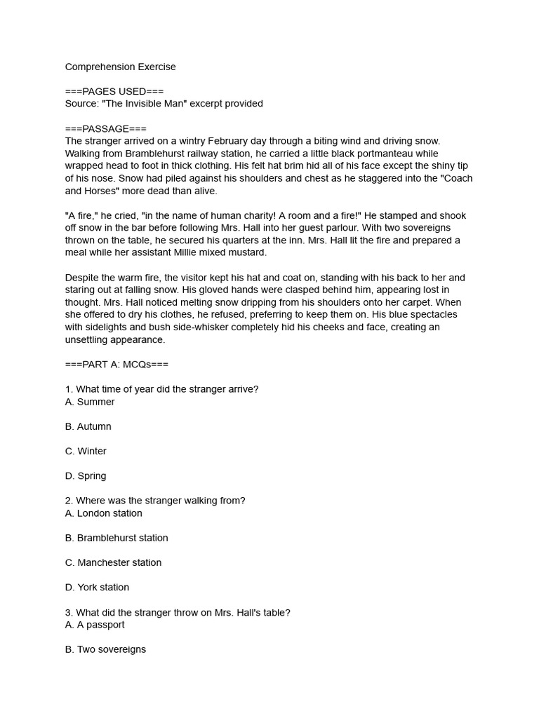 Comprehension Exercise: "The Invisible Man" | PDF