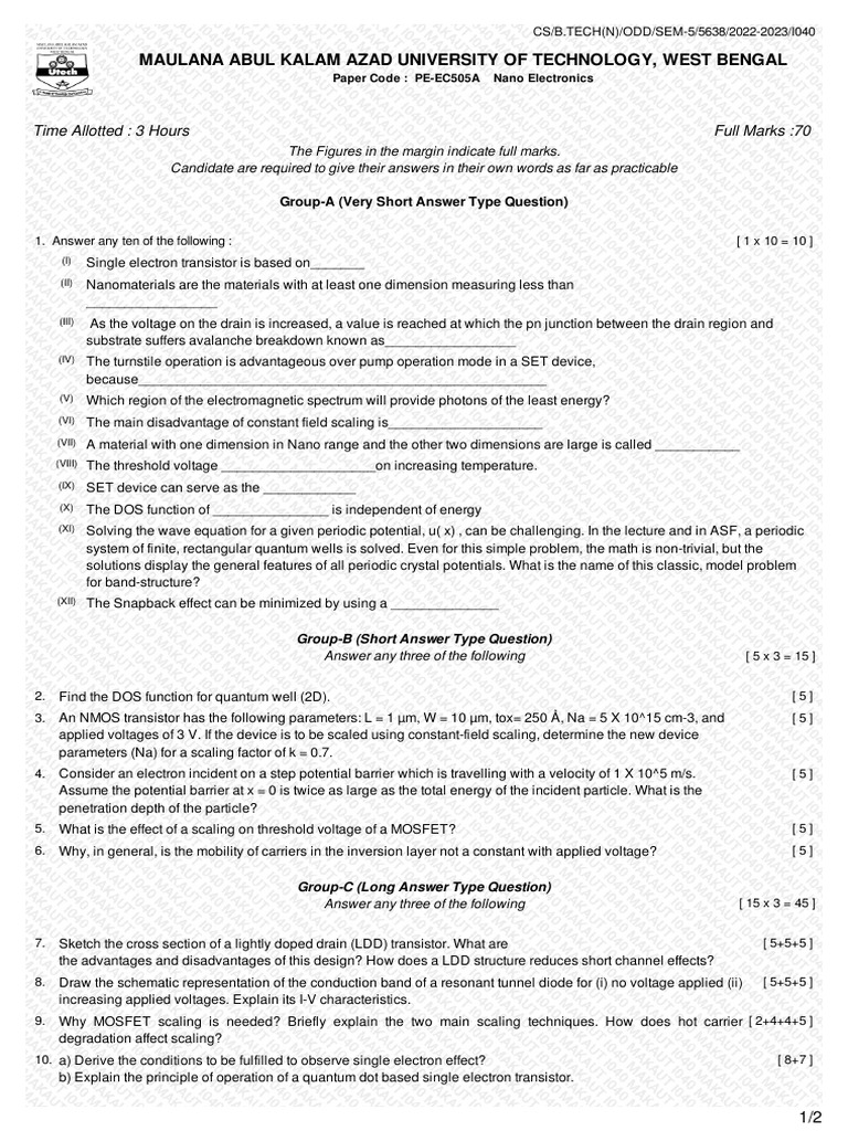 Nano Electronics Exam Paper 2022-23 | PDF | Mosfet | Applied And ...