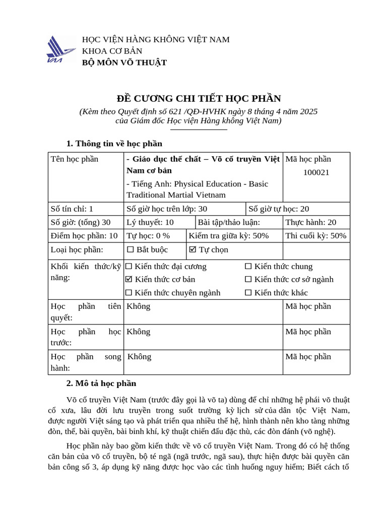 100021- ĐCCT Võ Cổ Truyền Việt Nam Cơ Bản | PDF