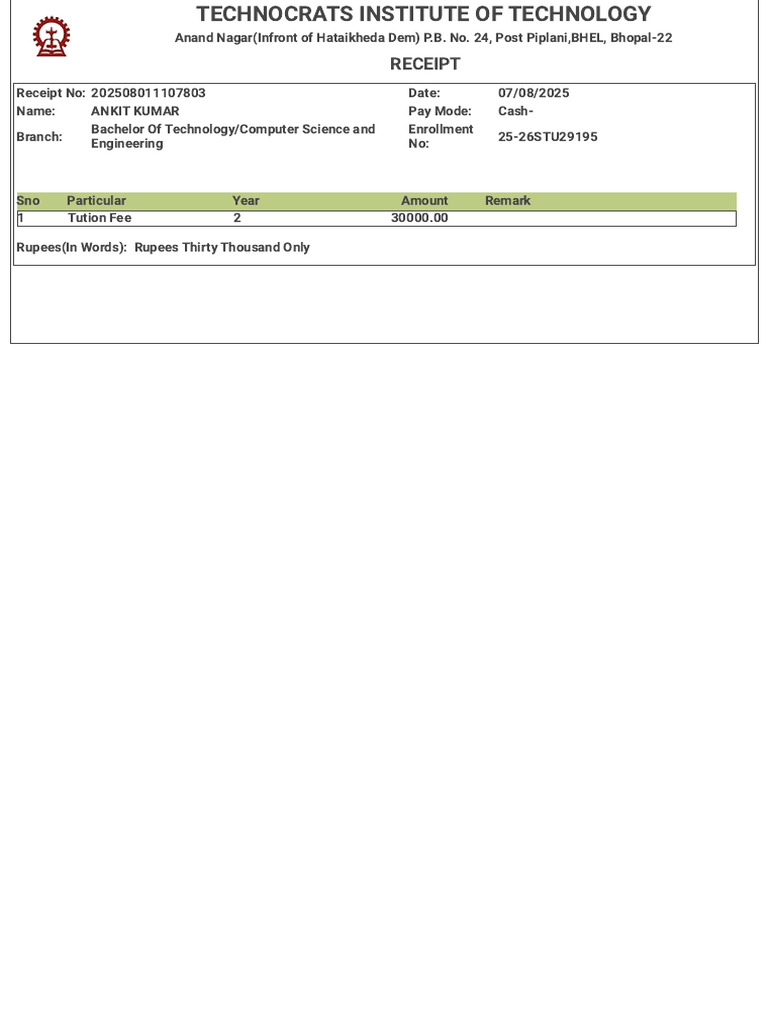 Technocrats Institute Fee Receipt | PDF