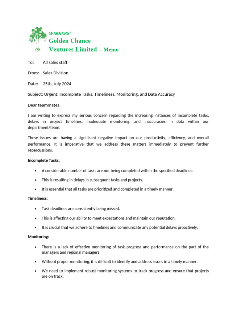 Urgent Memo: Addressing Task Incompletion | PDF