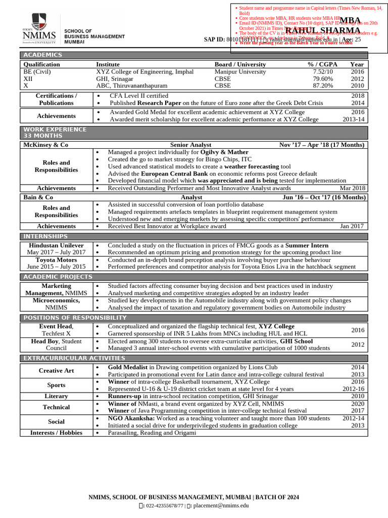 I Year Sample CV Format 2023-24 (With Comments) | PDF | Economies ...