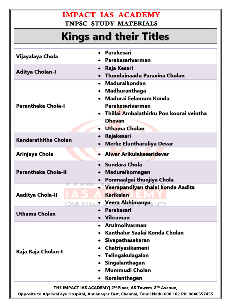 TNPSC Study Materials: Chola Kings Titles | PDF | Mughal Empire