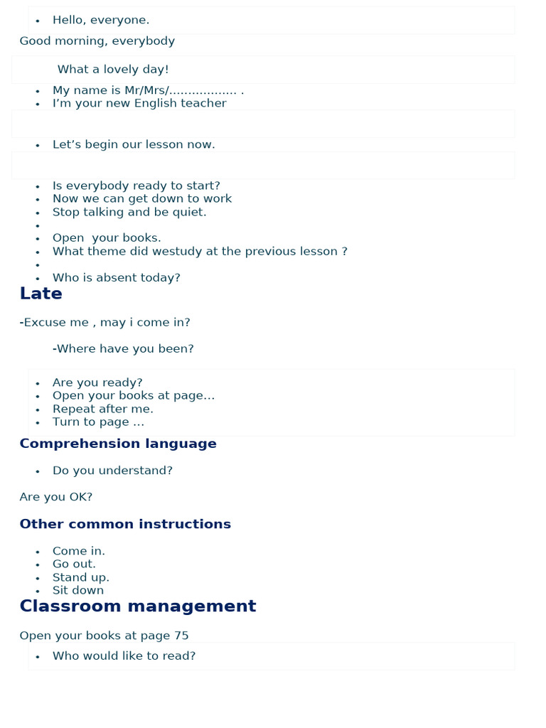 Classroom Instructions for English Teachers | PDF