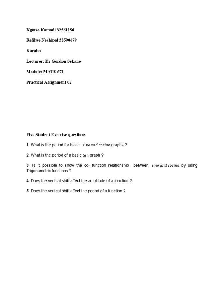 Trigonometric Graphs Activity (Grade 12) | PDF | Trigonometric ...