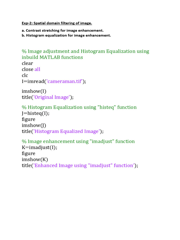 Exp-3 Sample Code_HistEq_Imadjust_Inbuilt MATLAB Functions for Image Enhancemnet | PDF