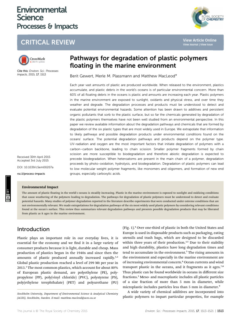Pathways for Degradation of Plastic Polymers Floating in the Marine ...