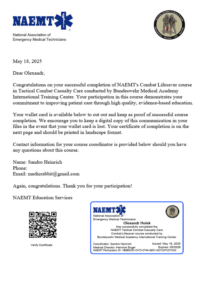 NAEMT Combat Lifesaver Course Completion | PDF