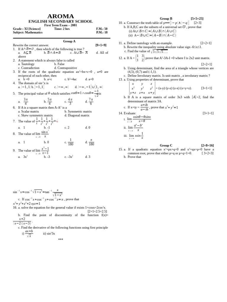 Maths - Xi - Science -2081 | PDF | Matrix (Mathematics) | Square Root