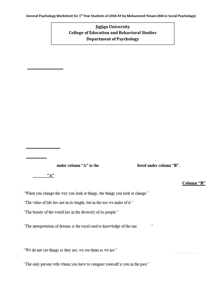 General Psychology Worksheet (Chapter 1-3) True/False Item | PDF ...