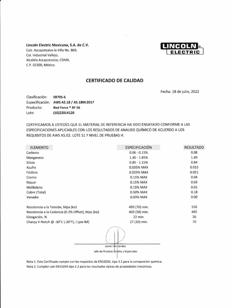 Certificado de Calidad Red Force RF 56 | PDF | Metales de transición ...