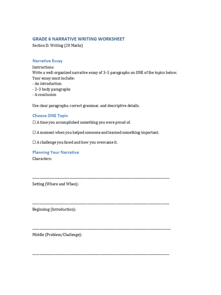 Grade 6 Narrative Writing Worksheet | PDF | Essays | Human Communication