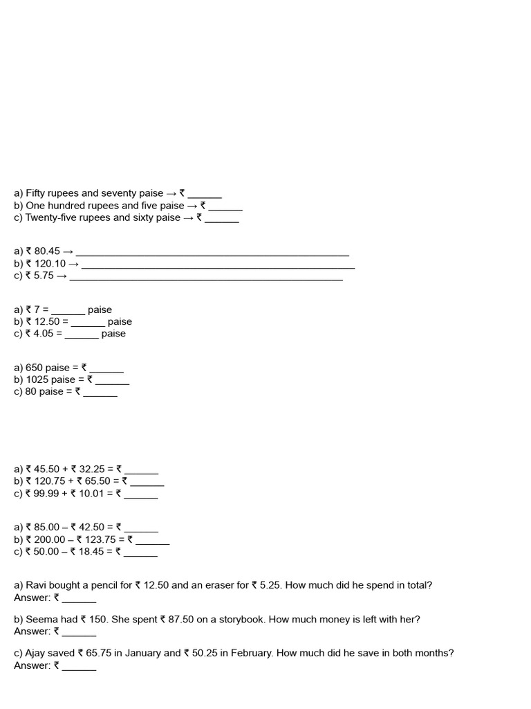 ICSE Class 3 Math Money Worksheet | PDF | Foreign Exchange Market ...