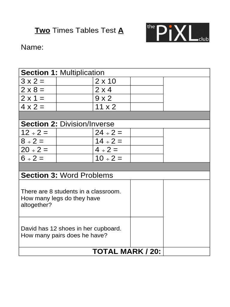 Two Times Tables Test with Word Problems | PDF