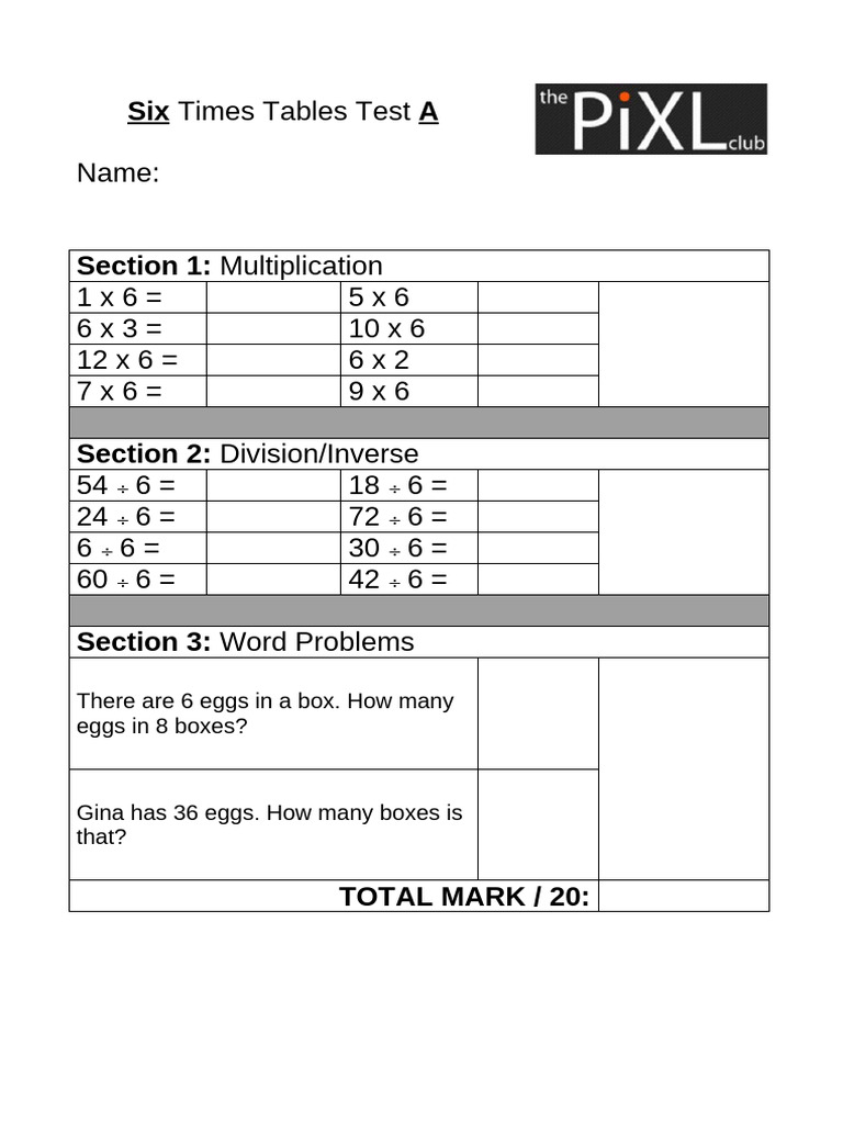 6 Times Tables Test A | PDF