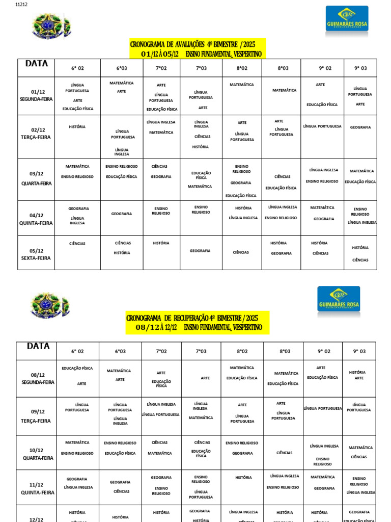 Cronograma Provas 4º Bimestre 2025 | PDF | Educação em Artes Liberais ...