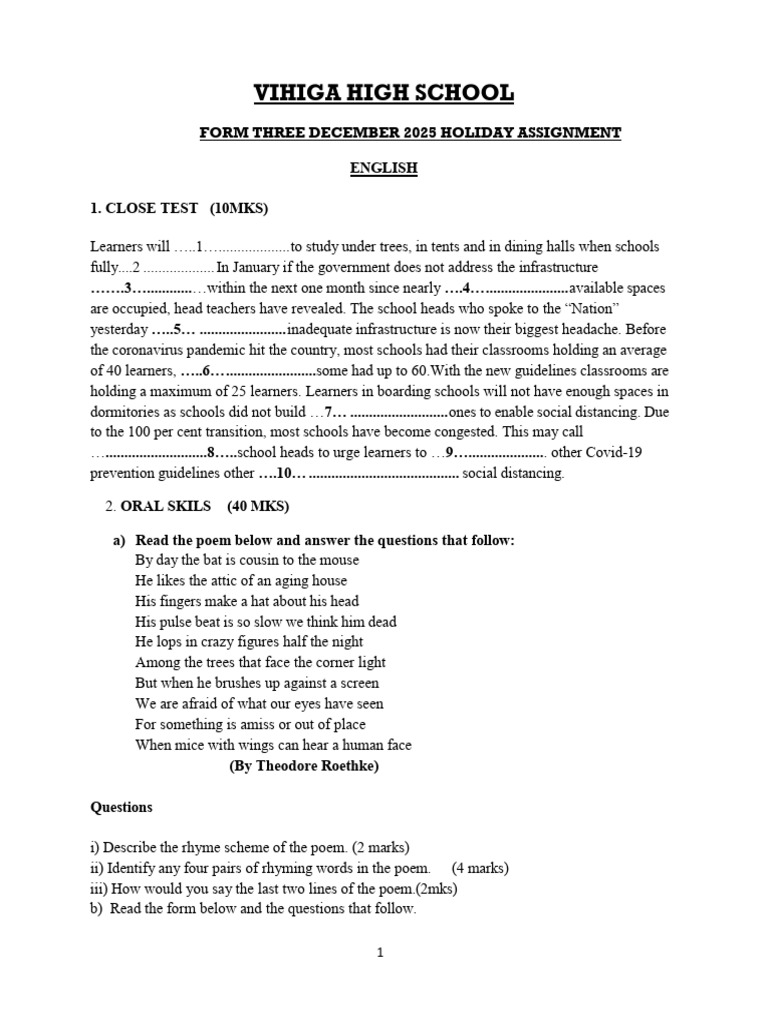 Form 3 December Holiday Assignment | PDF | Gases | Diffusion