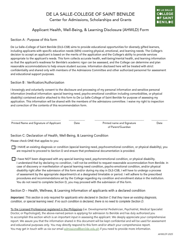 Benilde Applicant Health Disclosure Form | PDF | Learning | Special ...