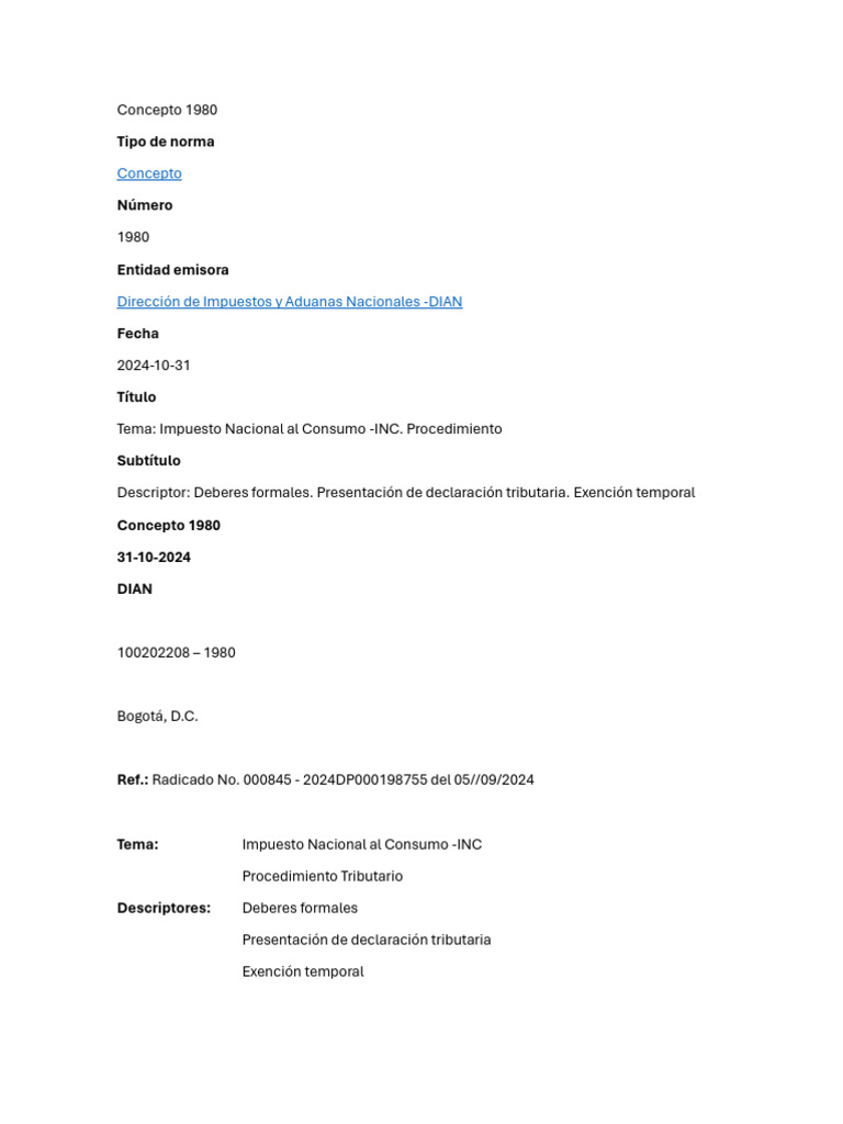 Concepto 1980 31-10-2024 aspectos de colombia | PDF | Impuestos