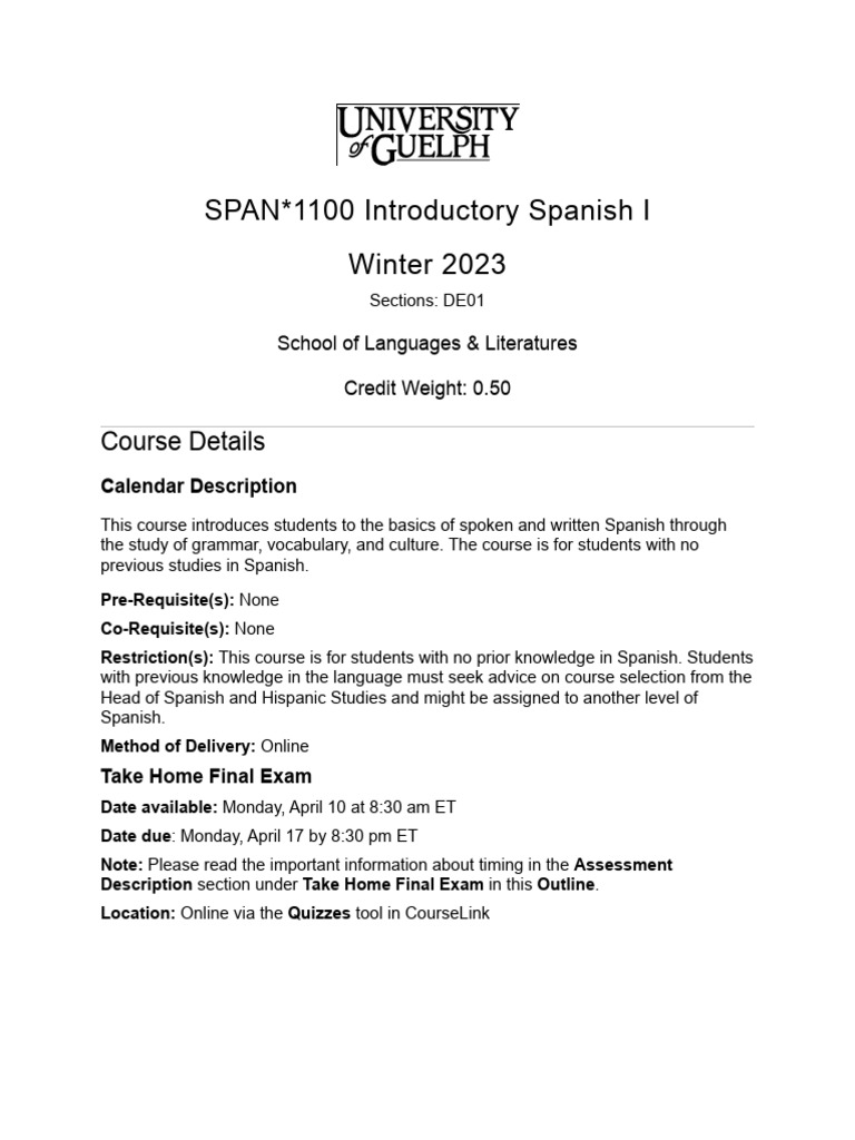 Course Outline_SPAN1100_DE01_W23, instructor Lee L'Clerc | PDF ...