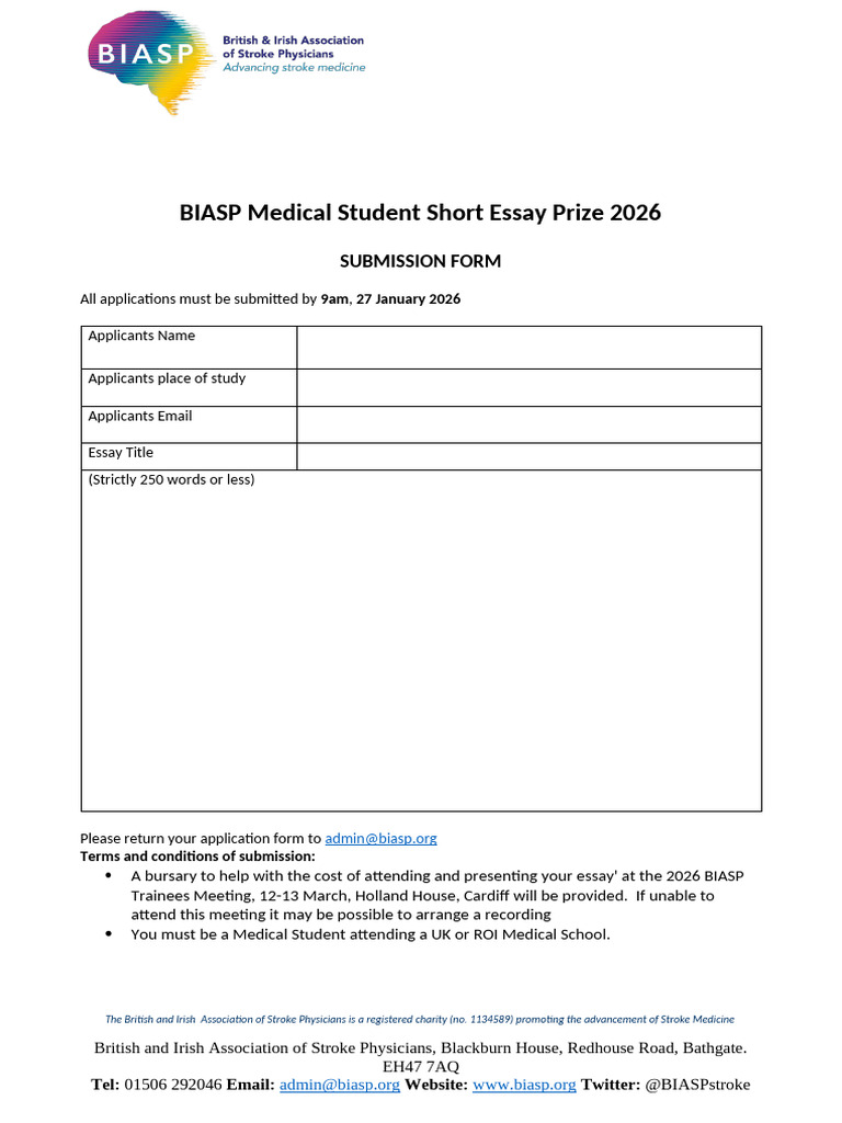 Biasp Medical Student Short Essay Prize Application Form 2026 | PDF