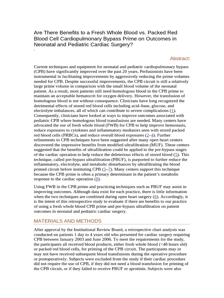 Fresh Whole Blood vs. PRBC in Pediatric CPB | PDF | Blood | Blood ...