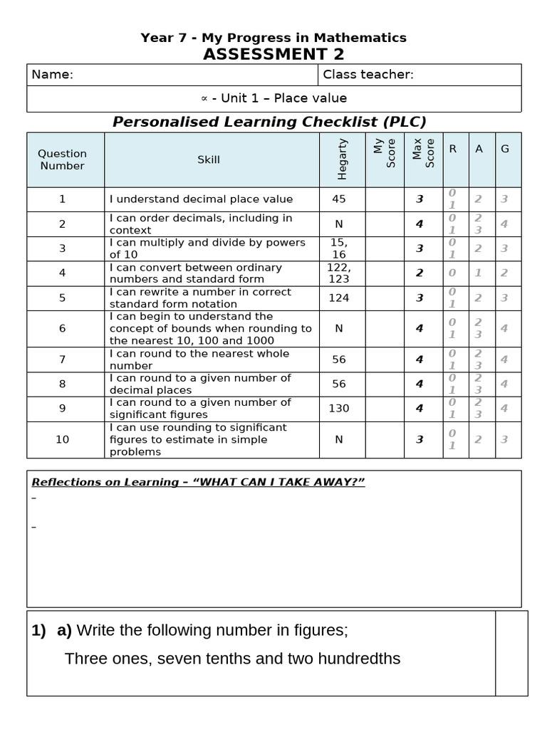 Year 7 Unit 1 - Place Value - Extension - Assessment 2 | PDF ...