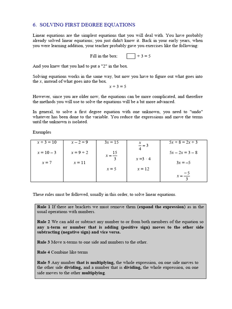 Solving First Degree Equations Guide | PDF | Equations | System Of ...