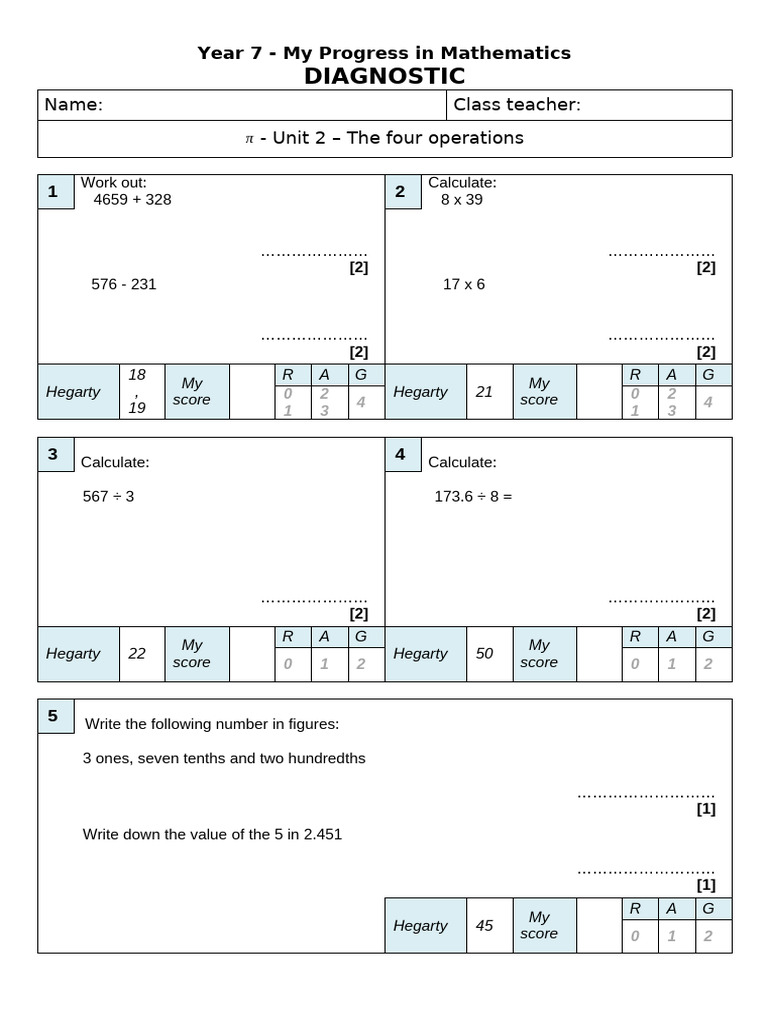 Year 7 Unit 2 - The Four Operations - Core - Diagnostic | PDF | Mathematics