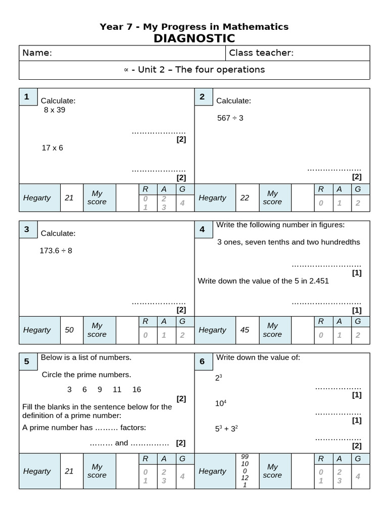 Year 7 Unit 2 - The Four Operations - Extension - Diagnostic | PDF ...