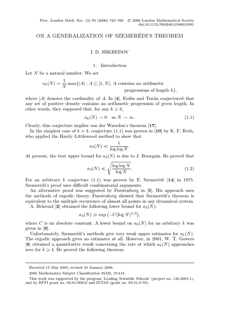 On a Generalization of Szemeredi's Theorem (Shkredov) | PDF | Discrete ...