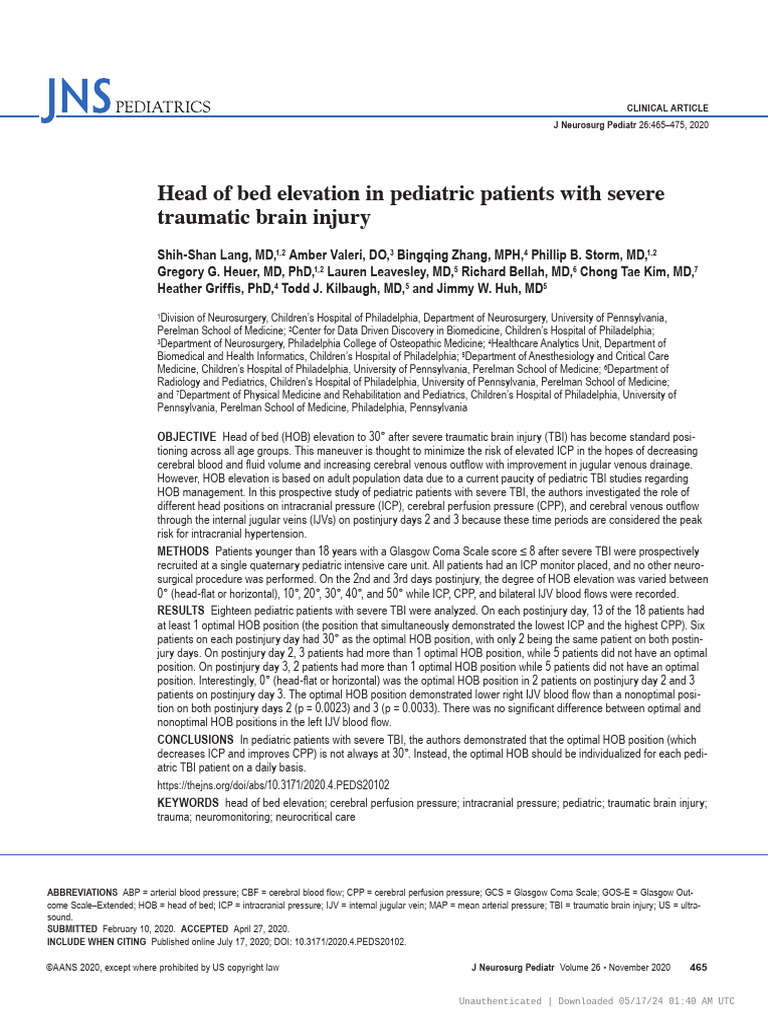 Pediatric TBI: Optimal HOB Positioning | PDF | Traumatic Brain Injury ...