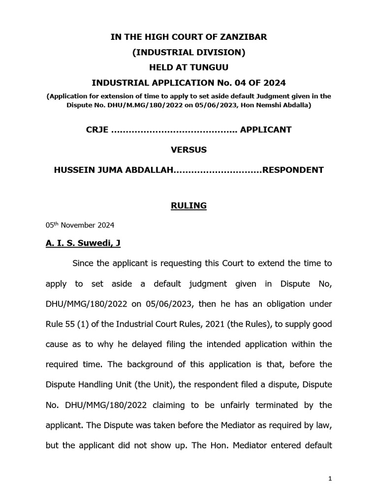 CRJE v Hussein Juma Abdallah (Civil Application 4 of 2024) 2024 ZIC 24 (5 November 2024) | PDF ...