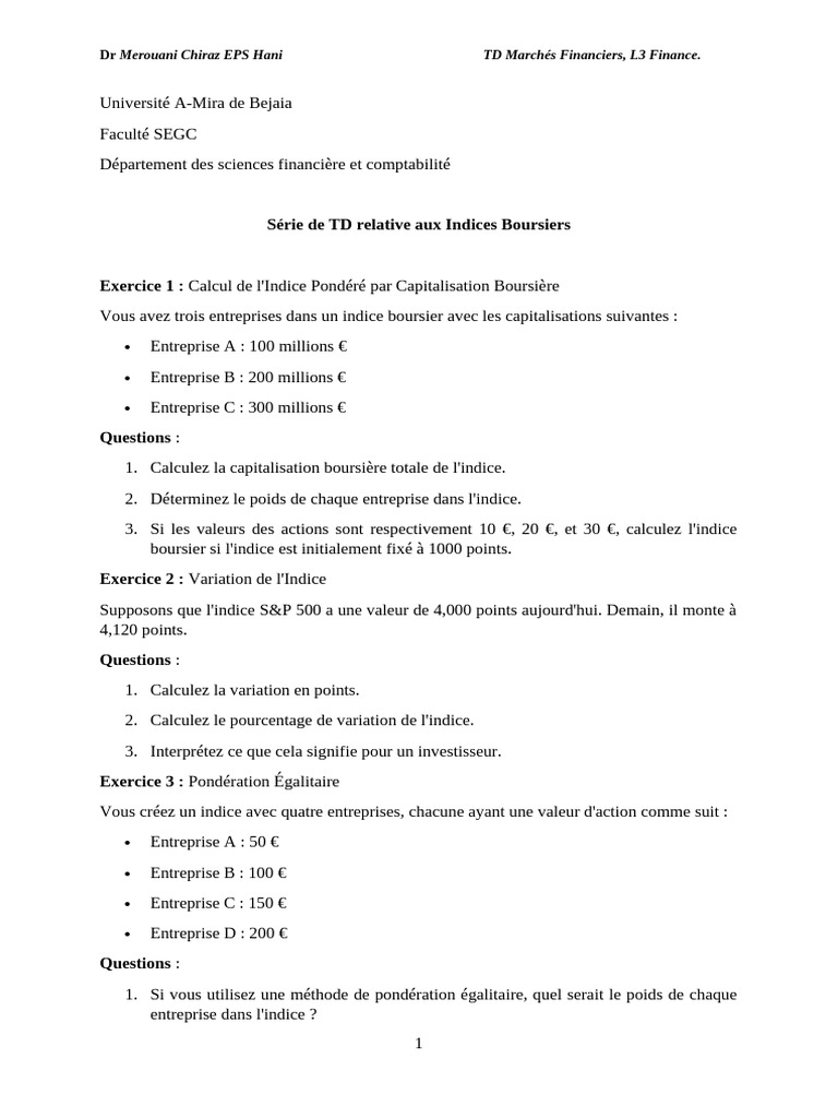 Exercices sur les Indices Boursiers en Finance | PDF | Indice boursier ...
